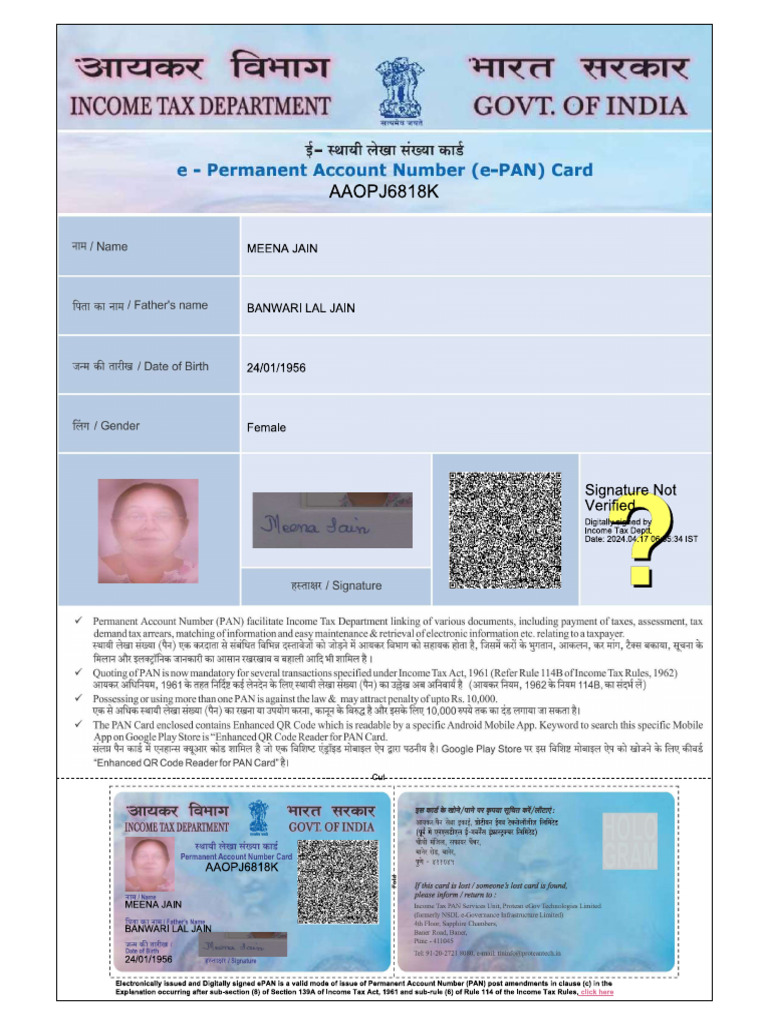 Pan Card Meena Jain New E-Pan | PDF