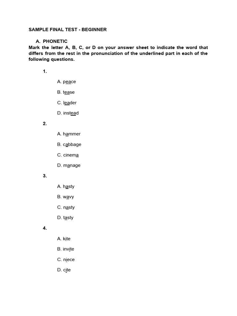 Sample Final Test - Beginner | PDF | English Language | Linguistics
