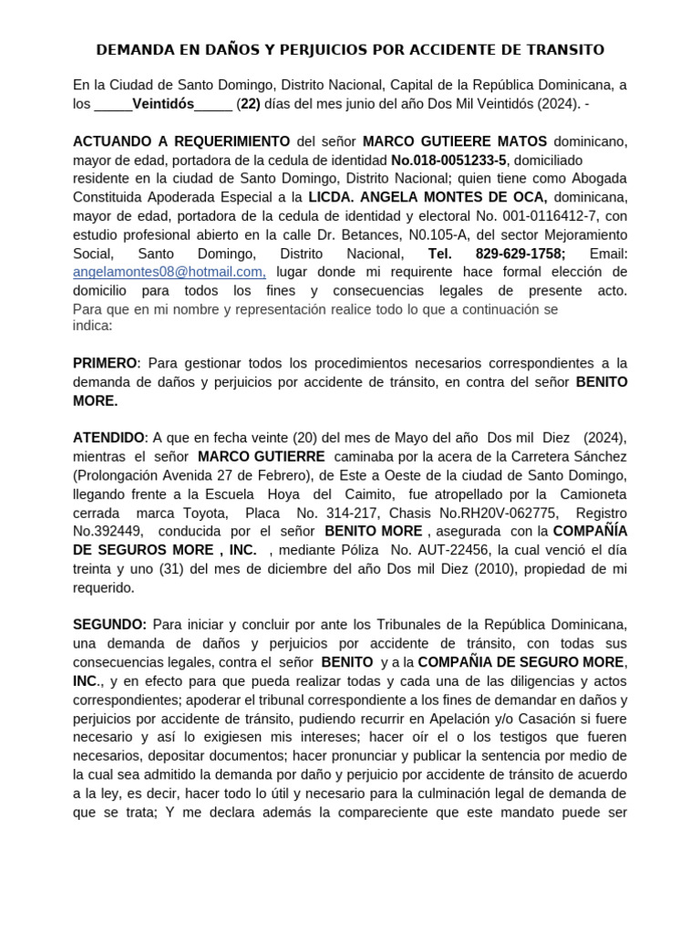 Demanda en Daños y Perjuicios Por Accidente de Transito | PDF | Daños y perjuicios | República ...