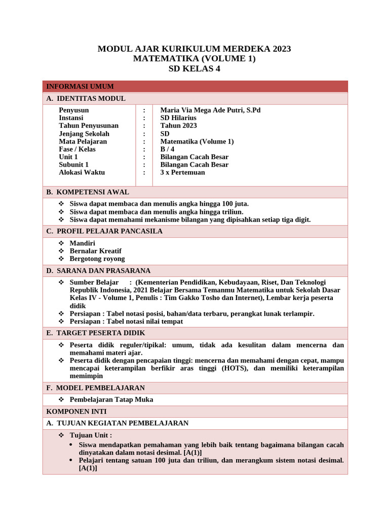 Modul Ajar MTK Unit 1 | PDF