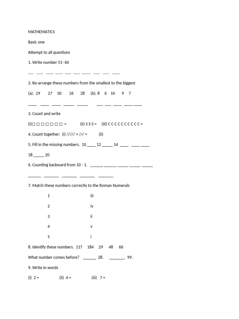 1st Term Questions For Basic One | PDF | Mathematics | Numbers