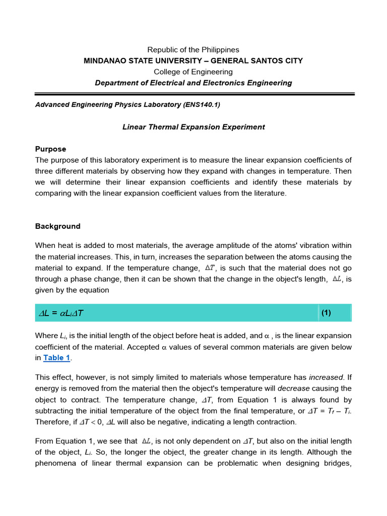 ENS 140.1 Linear Thermal Expansion Experiment v2 | PDF | Thermal ...
