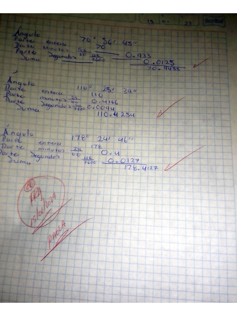 CONVERSION DE ANGULOS DE LA FORMA SEXAGESIMAL A LA FORMA DECIMAL (22 Ene 2024 A La(s) 09:49) | PDF