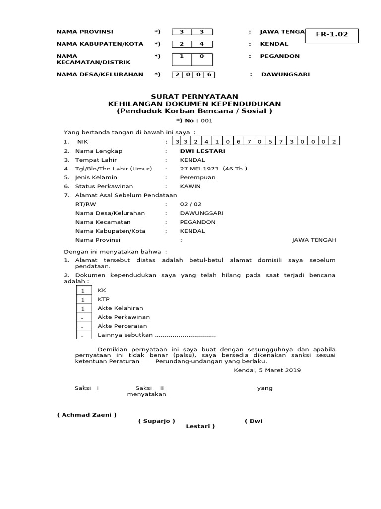 Contoh Isian Surat Pernyataan KB | PDF