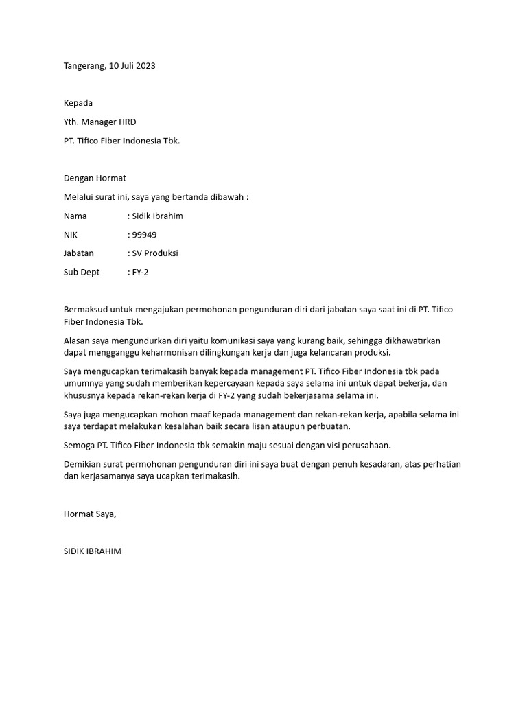 Contoh Surat Pengunduran Diri Simple | PDF