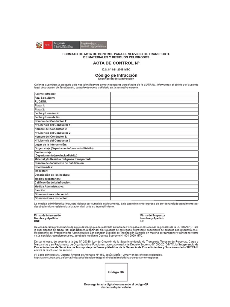 Actas de Control y Verificación SUTRAN | PDF | Documento de identidad | Neumático
