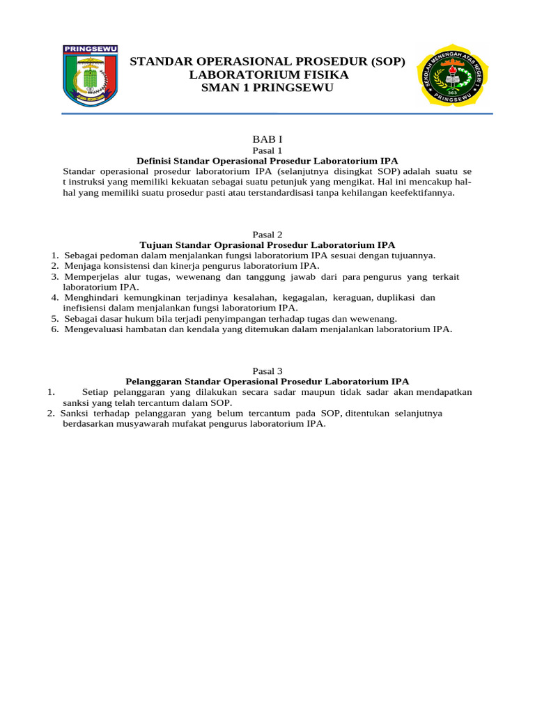 Standar Operasional Prosedur Laboratorium Ipa | PDF