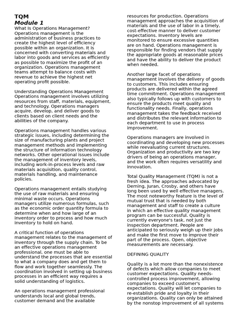 TQM Midterms | PDF | Operations Management | Product (Business)