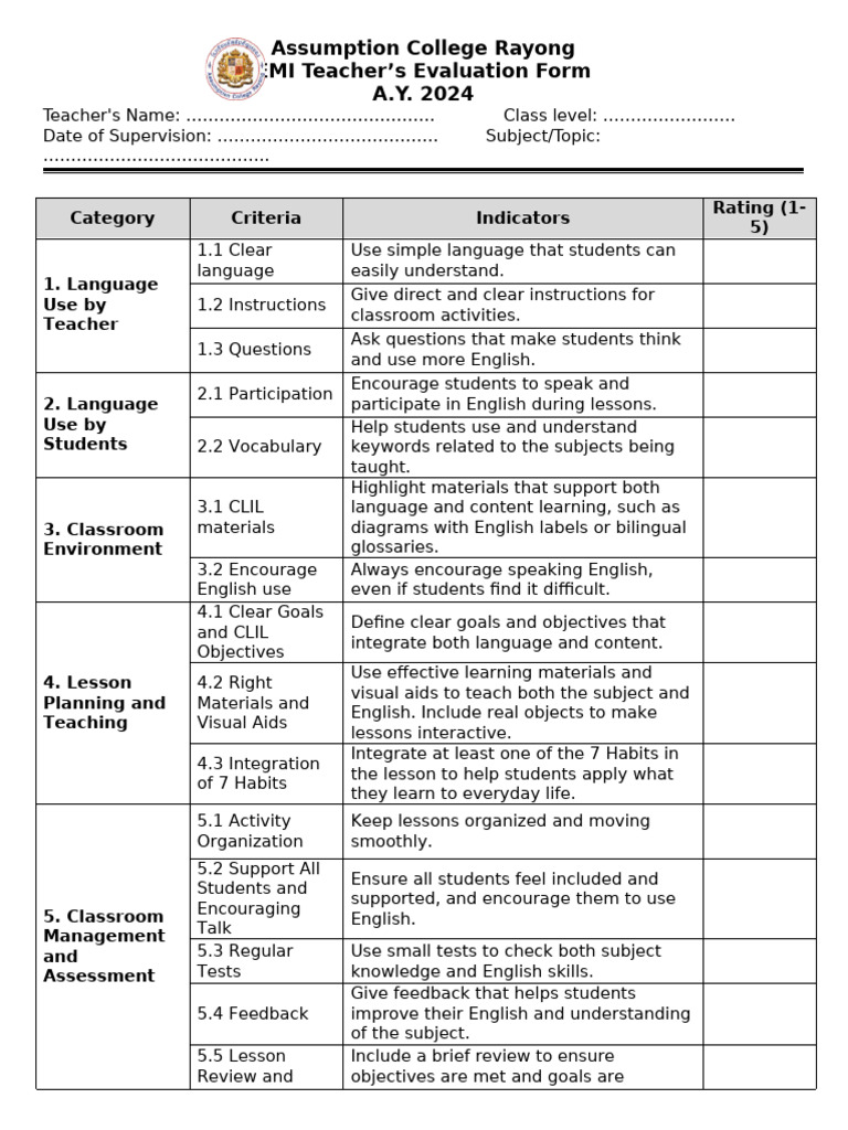 EMI Teachers Evaluation Form (CLIL) - Final - Potrait | PDF | English ...