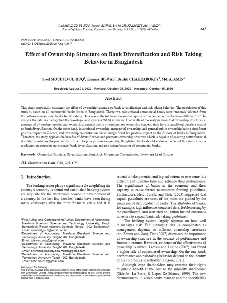 Effect of Ownership Structure On Bank Diversification and Risk-Taking ...
