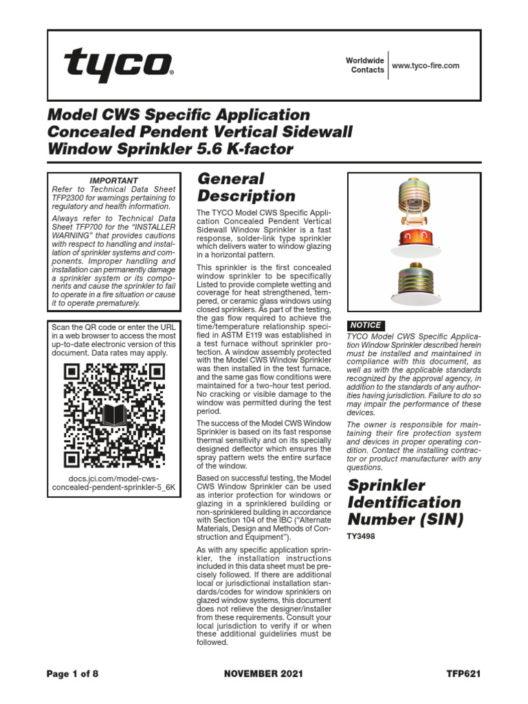 Tyco CWS Window Sprinkler Data Sheet | PDF | Window | Fire Sprinkler System