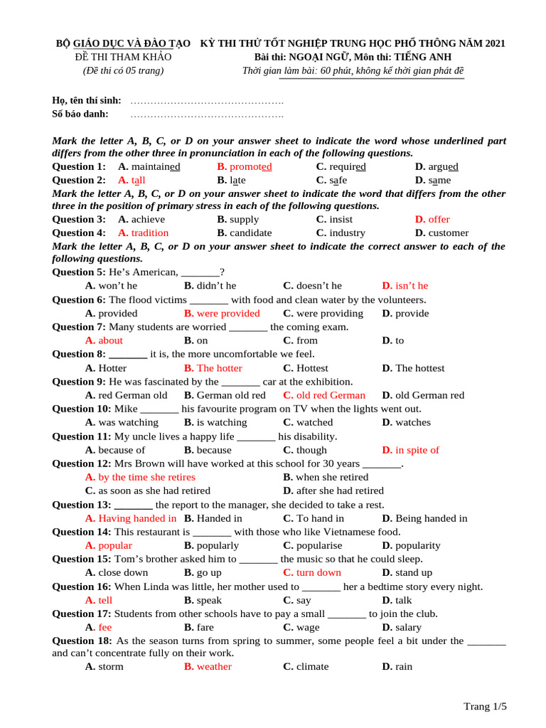 Đề minh họa môn Tiếng Anh năm 2021 file word (SachMoi24h.com) | PDF