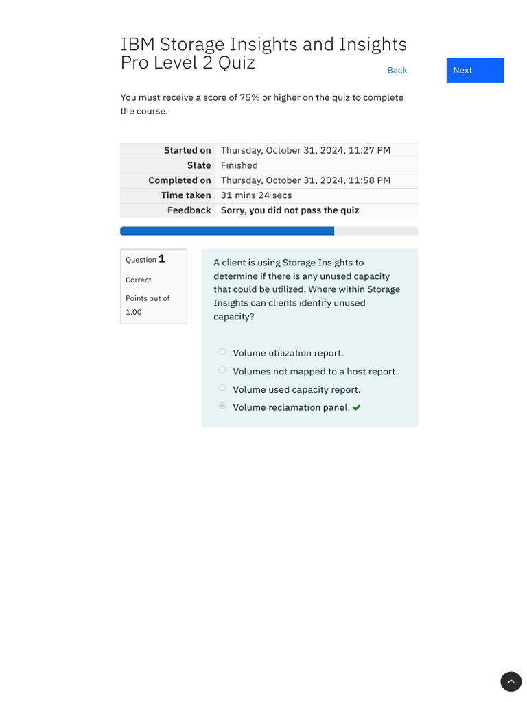 IBM Storage Insights and Insights Pro Level 2 Quiz - Attempt Review | PDF | Computer Data ...