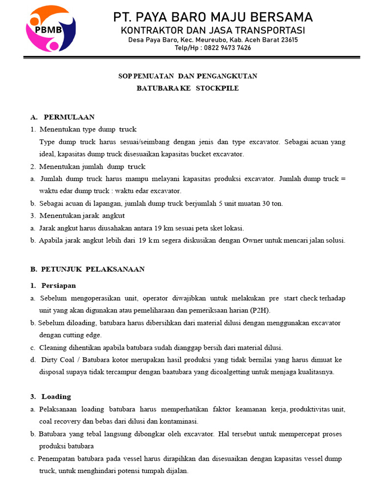 SOP Pemuatan Dan Pengangkutan PT PBMB | PDF