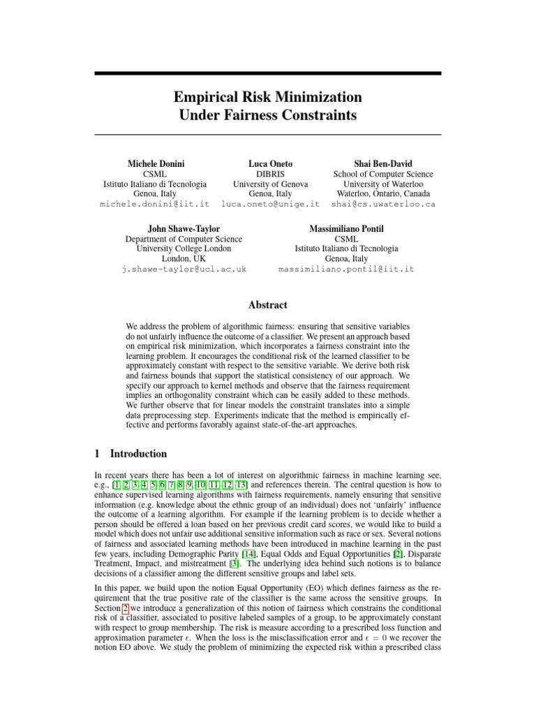 Empirical Risk Minimization Under Fairness Constraints: Michele Donini Luca Oneto Shai Ben-David ...