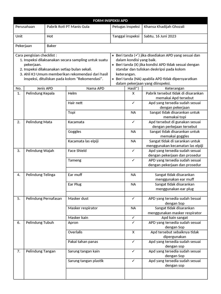 Form Inspeksi APD | PDF
