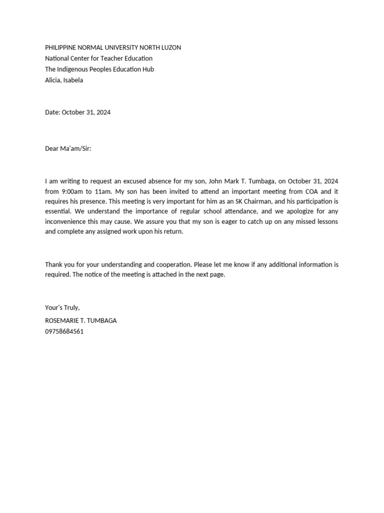 Excuse Letter | PDF | Wellness