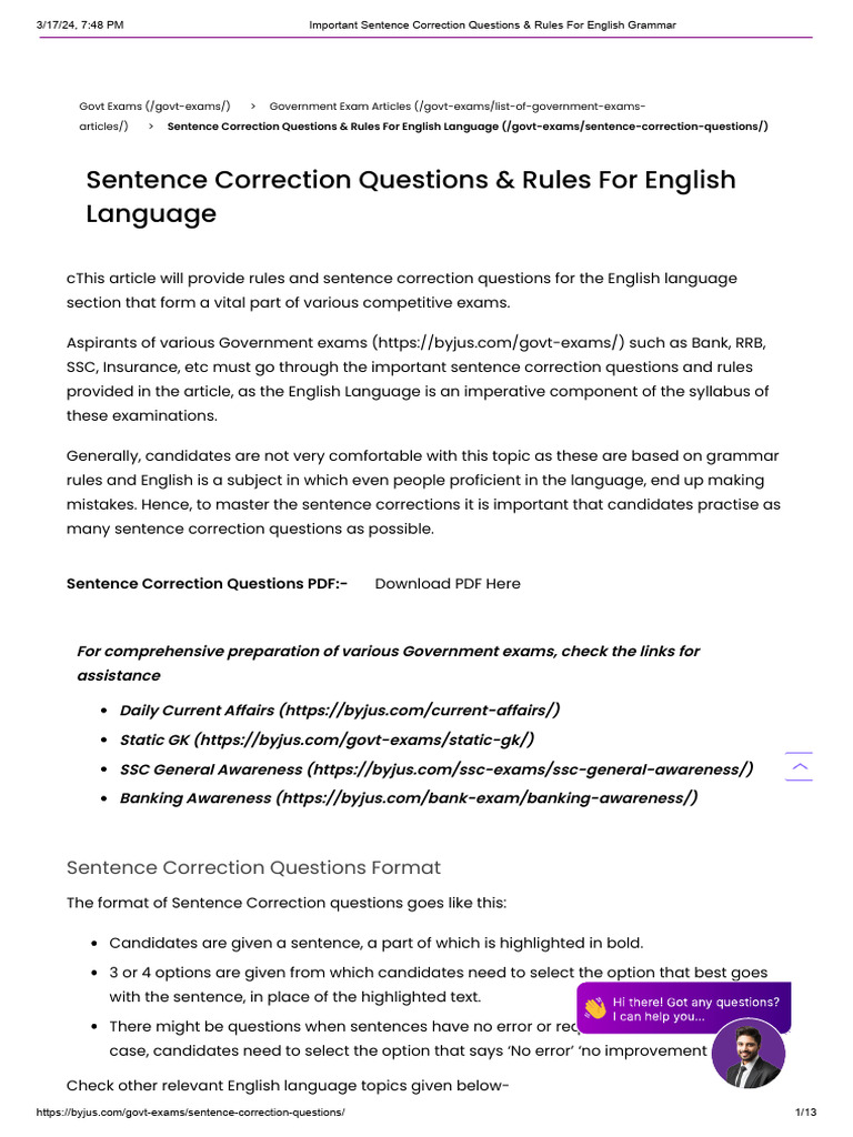 Important Sentence Correction Questions & Rules For English Grammar ...