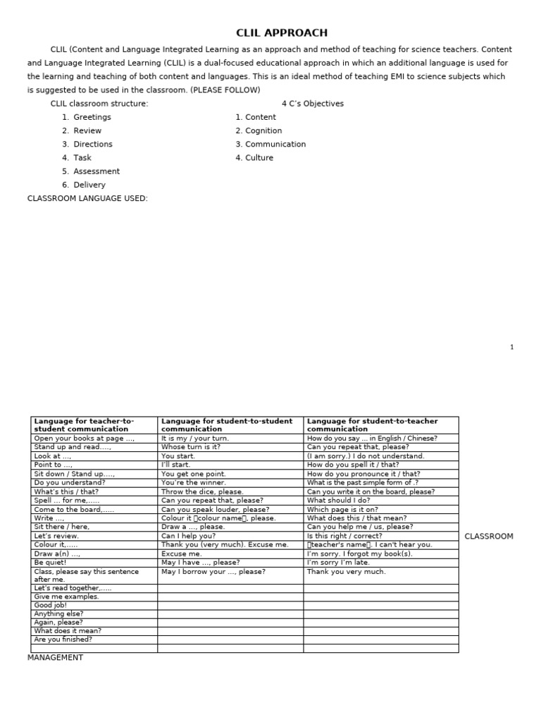 CLIL Approach - Samples | PDF | Classroom | English Language