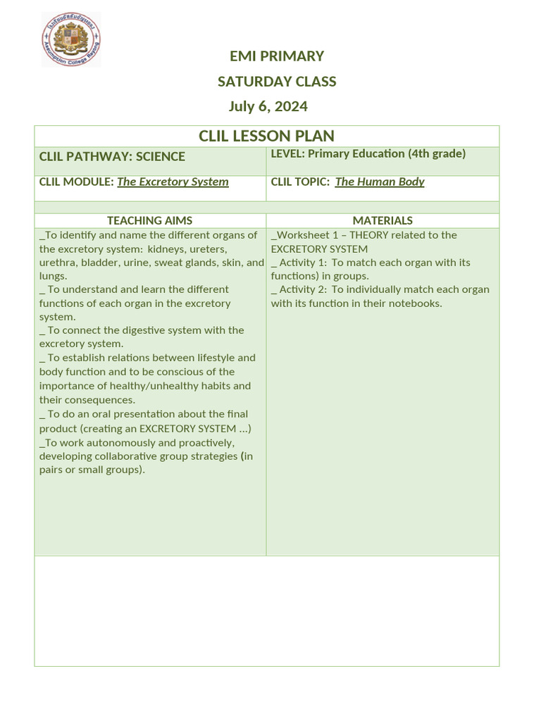 Lesson Plan 2 CLIL Primary Sample | PDF | Urine | Cognition