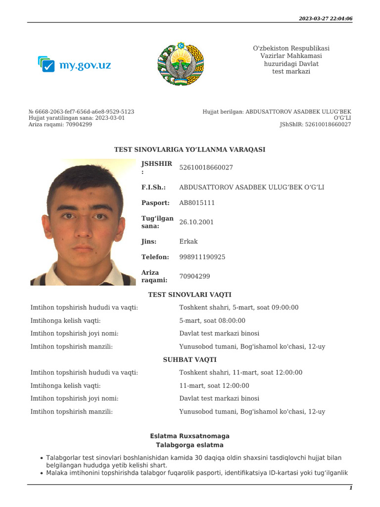 Test Sinovlariga Yo Llanma Varaqasi Jshshir: F.I.Sh.: Pasport: Tug ...