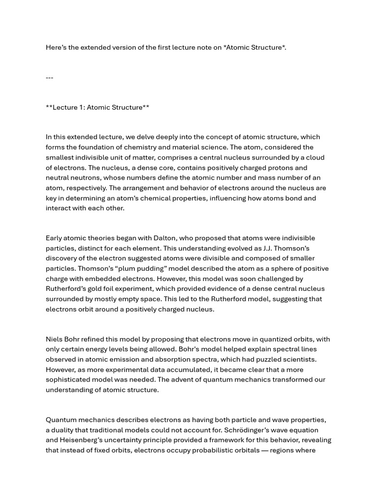 Lecture 1 Atomic Structure Pdf Atoms Electron