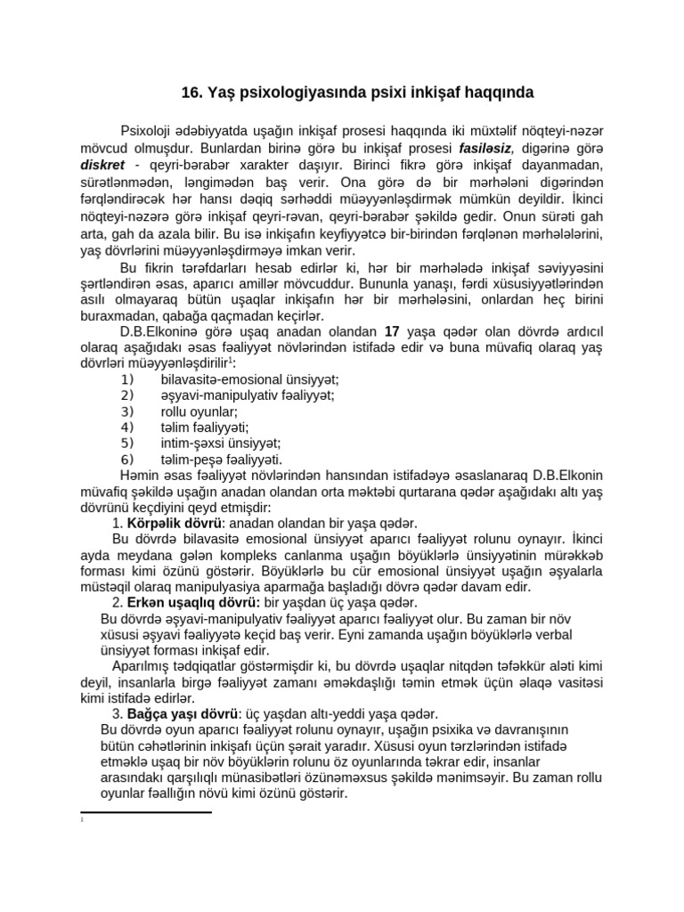 Yaş Psix Psixi Inkişaf Yaş Dövr | PDF