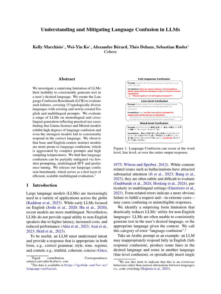 Understanding and Mitigating Language Confusion in Llms | PDF | Linguistics