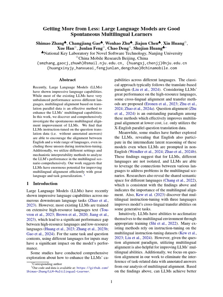 Getting More From Less: Large Language Models Are Good Spontaneous Multilingual Learners | PDF ...