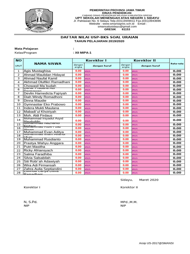 # Form Daftar Nilai Soal Uraian - Usp-Bks 19-20 | PDF