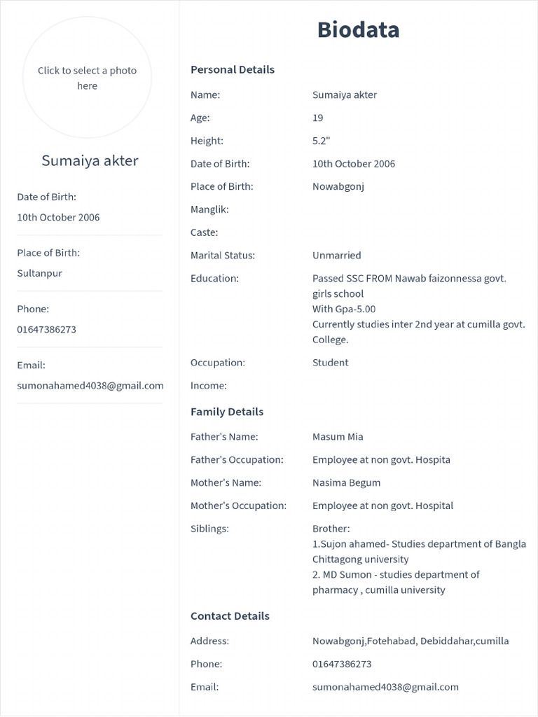 Sumaiya Akter's Biodata | PDF