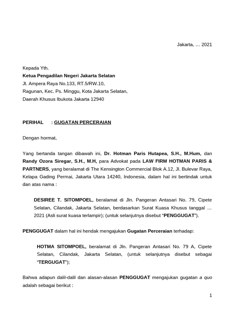Draft Gugatan Cerai-Desiree TGL 8 OKTOBER 2021 | PDF