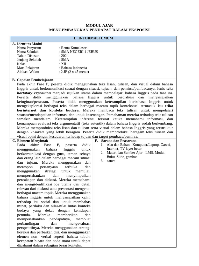 MODUL AJAR Teks Eksposisi | PDF