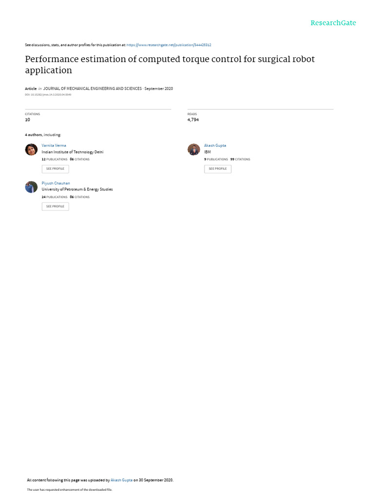 Performance Estimation Of Computed Torque Control For Surgical Robot Application Pdf Control