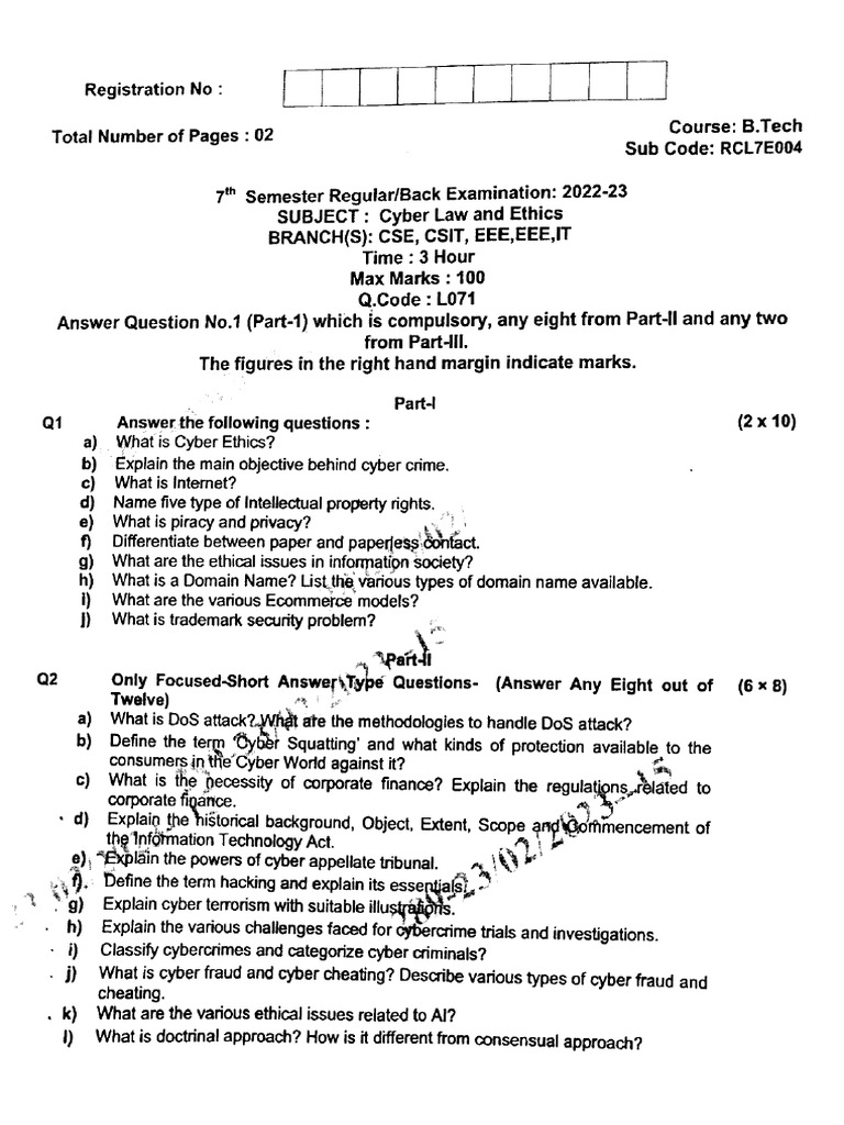 Btech Cse Csit Eee It 7 Sem Cyber Law and Ethics Rcl7e004 2023 | PDF
