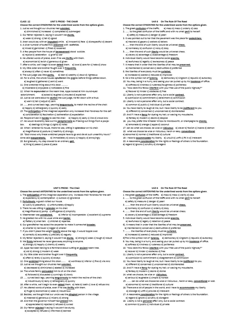 12 TH UNIT 5 PROSE Synonyms and Antonyms - 240221 - 125752 | PDF ...