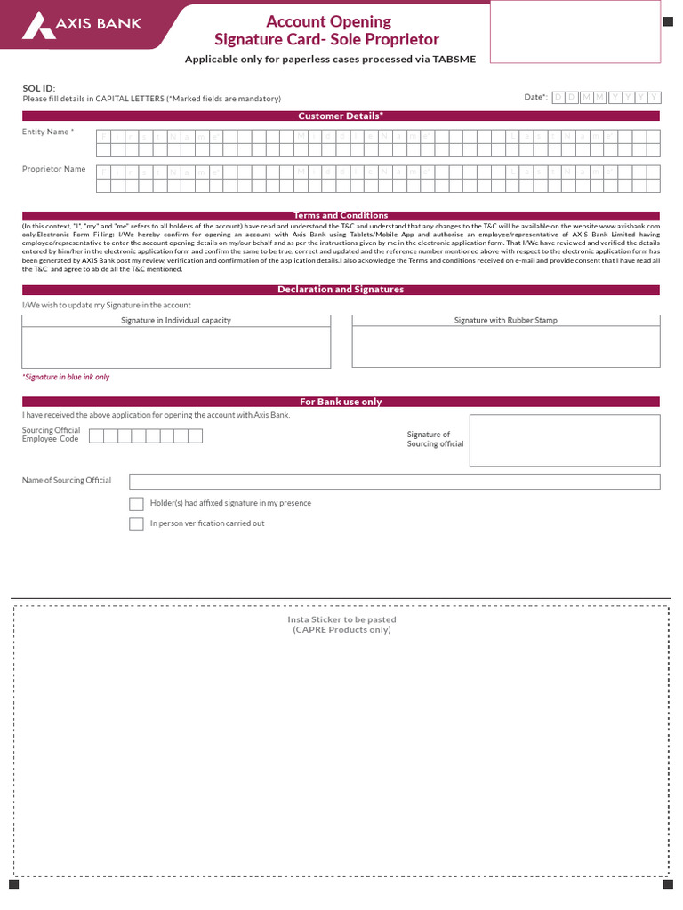Axis Bank Sole Proprietor Signature Card | PDF | Sole Proprietorship