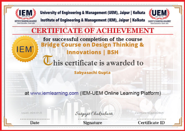 Design Thinking Bridge Course Certificate | PDF