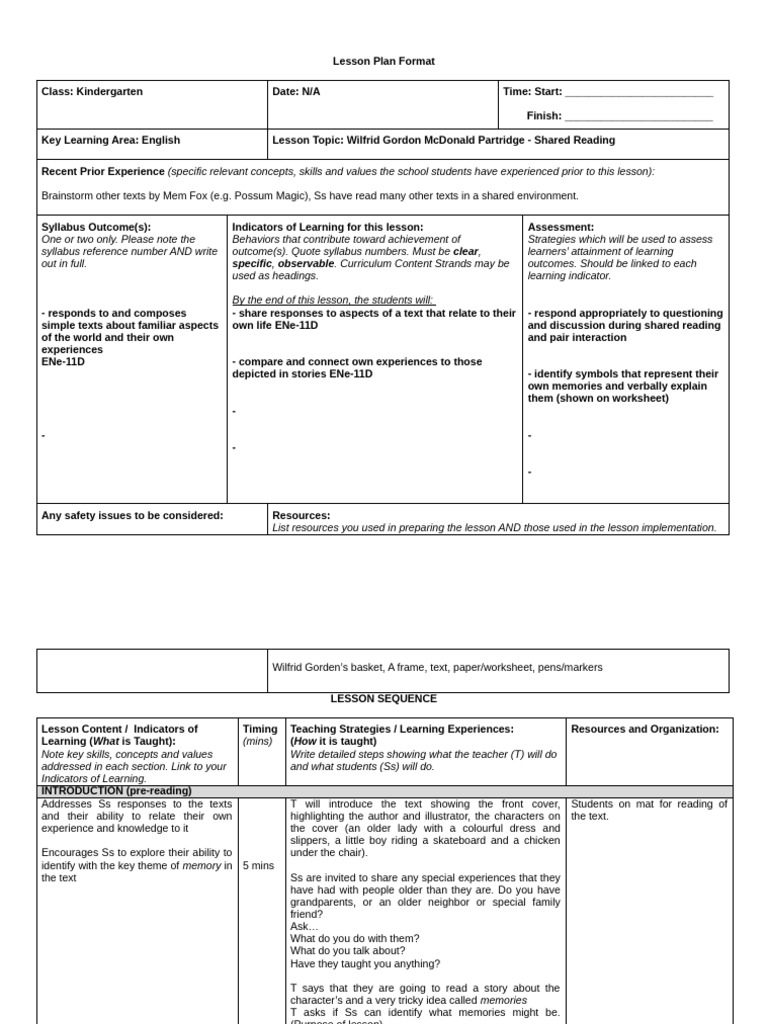 Lesson Plan - Shared Reading - Wilfrid Gorden McDonald Partridge | PDF ...