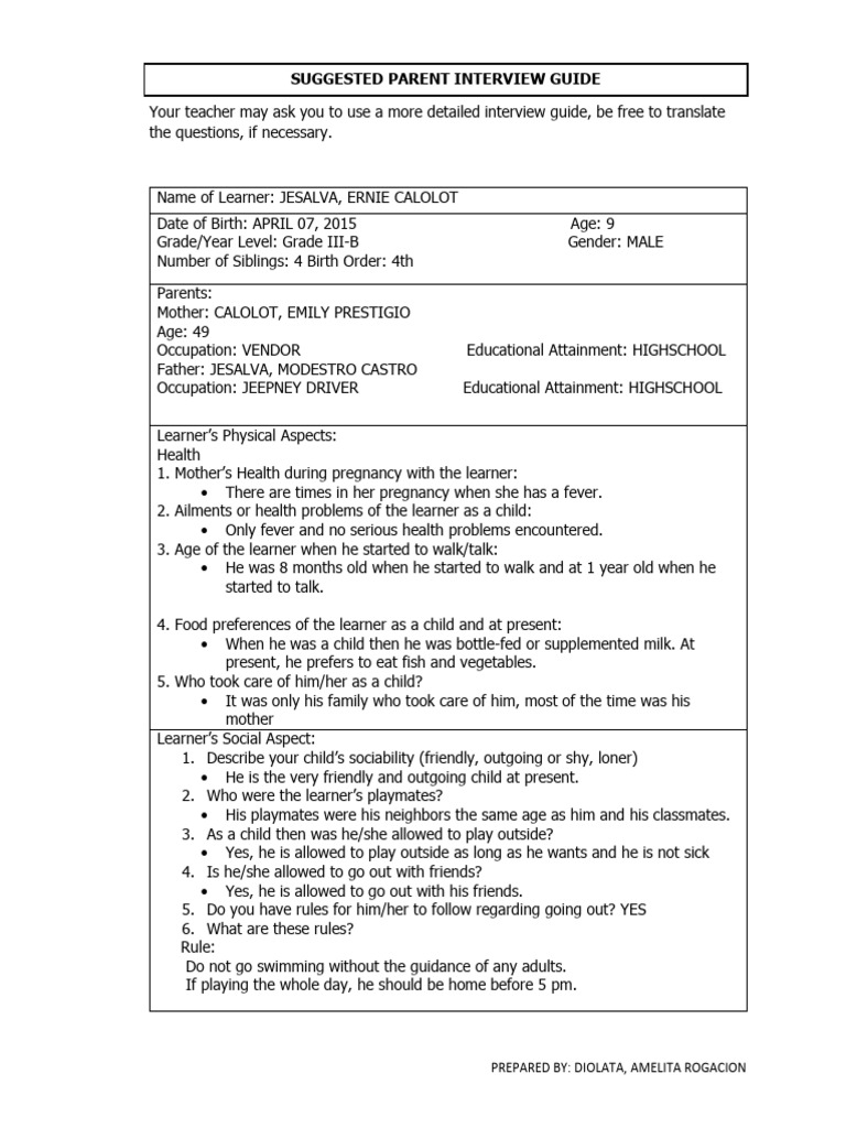 Parent Interview Guide for Learner Assessment | PDF | Childhood ...