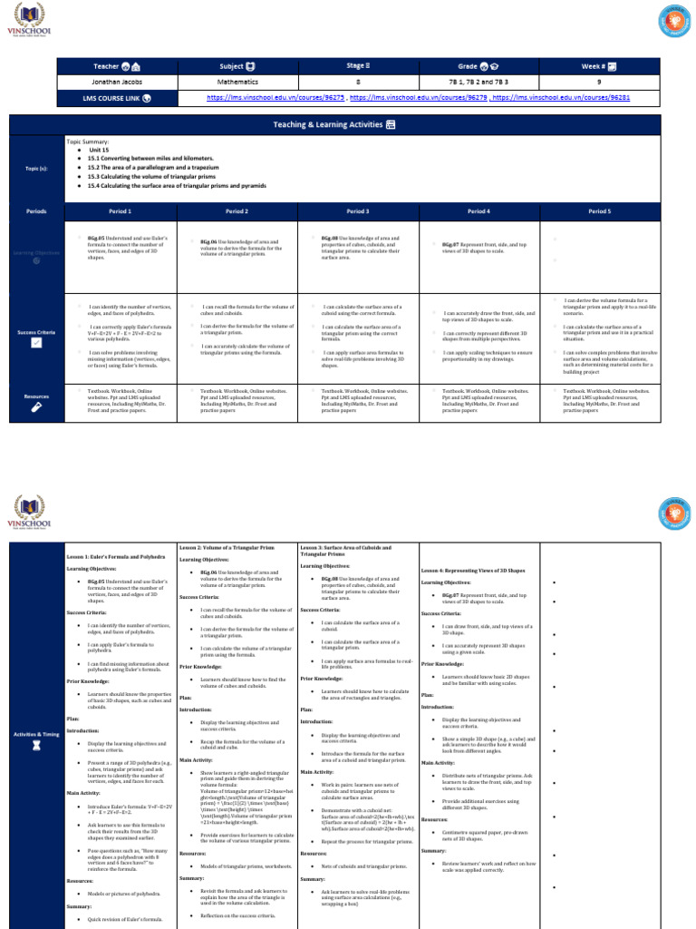 Mathematics Lesson Plan Week 9 Stage 8 Cambridge 2024-2025 Week 9 7B ...