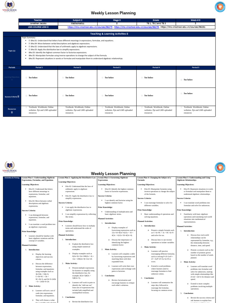 Mathematics Lesson Plan Week 5 Stage 8 Cambridge 2024-2025 Week 5 7B ...