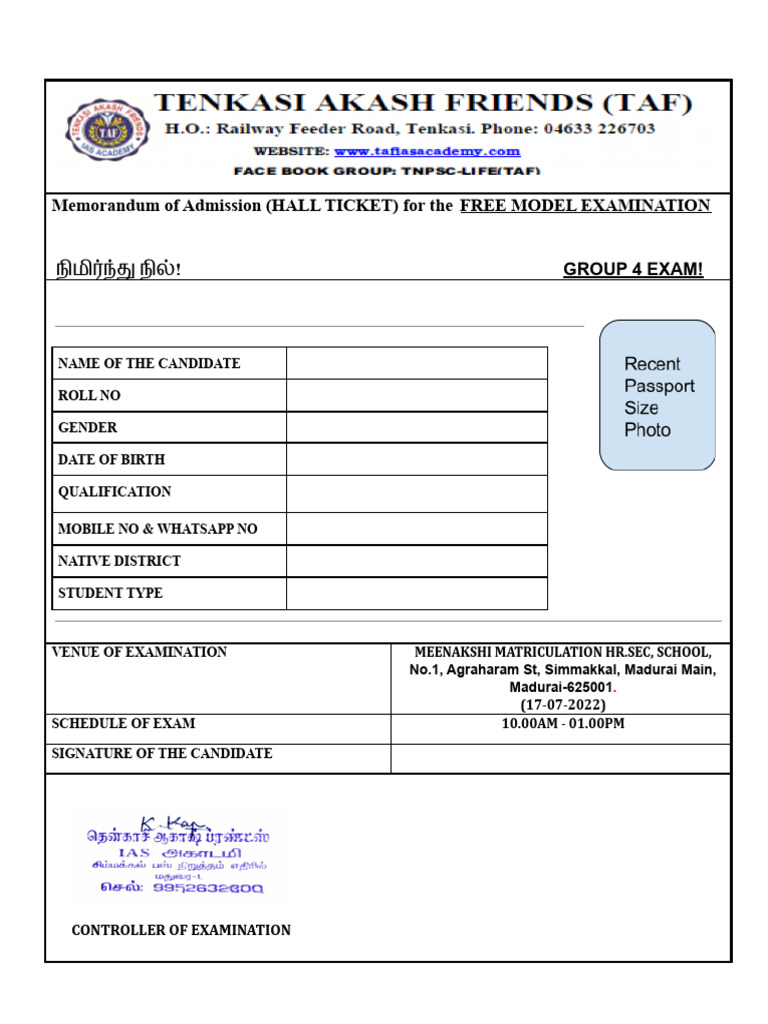 Taf Hall Ticket | PDF