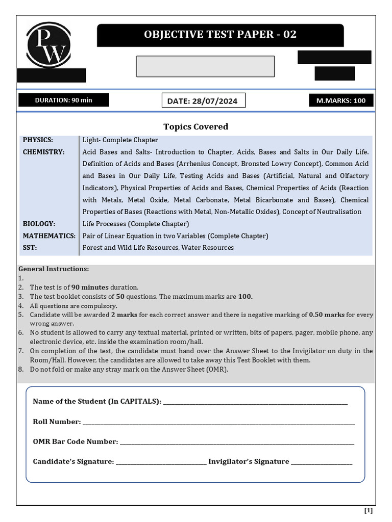 Objective Test - 02 - Test Paper | PDF | Hydroxide | Mirror