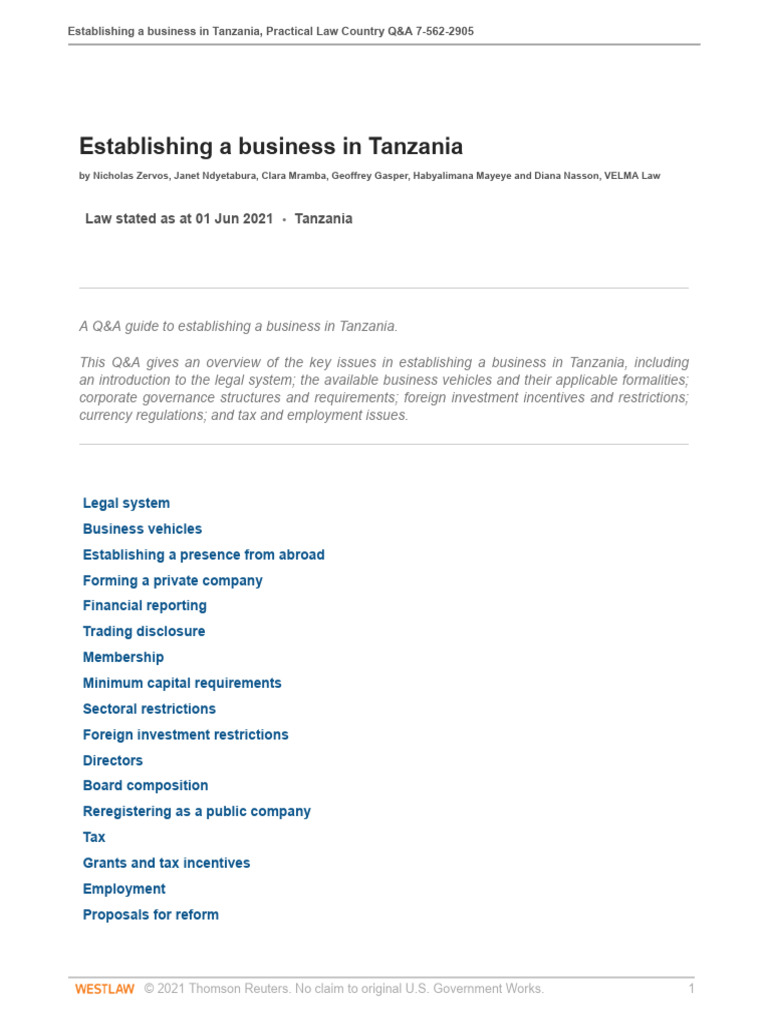 Establishing a Business in Tanzania | PDF | Joint Venture | Partnership