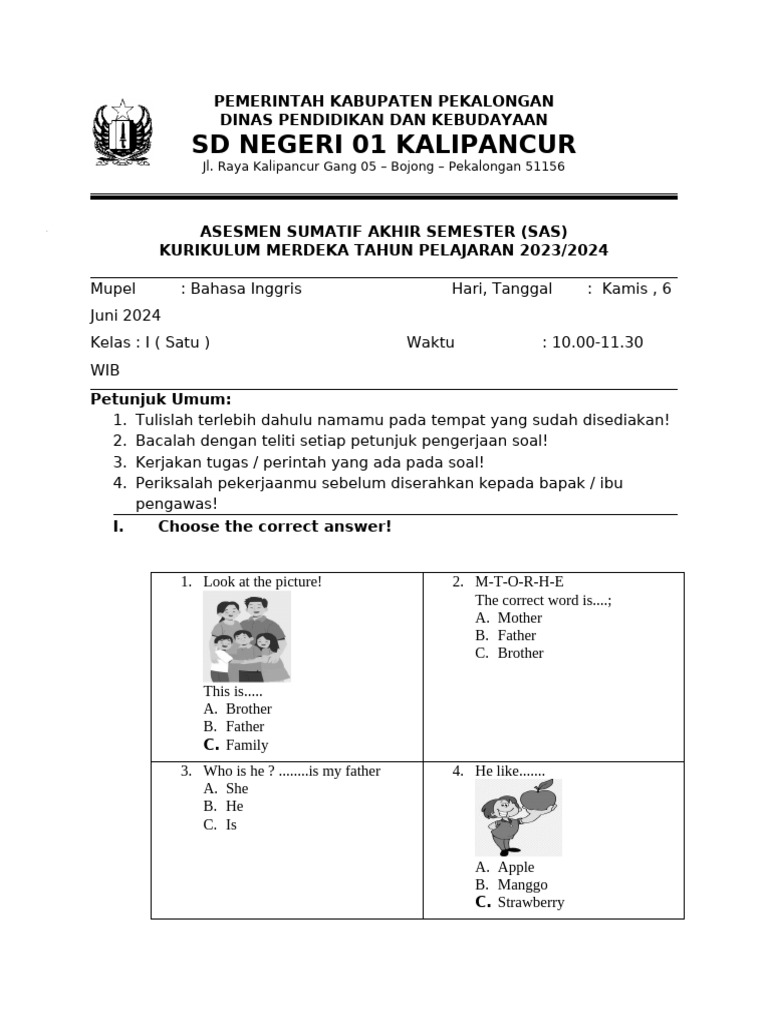 SAS Bahasa Inggris Kelas 1 2023/2024 | PDF