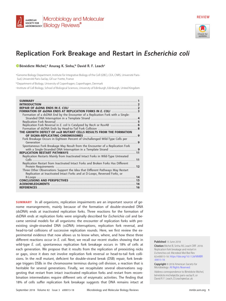 Michel Et Al 2018 Replication Fork Breakage and Restart in Escherichia ...