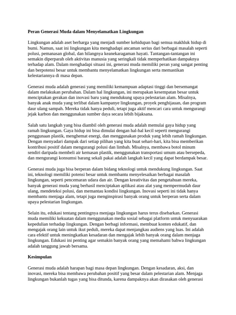 Peran Generasi Muda Dalam Menyelamatkan Lingkungan | PDF