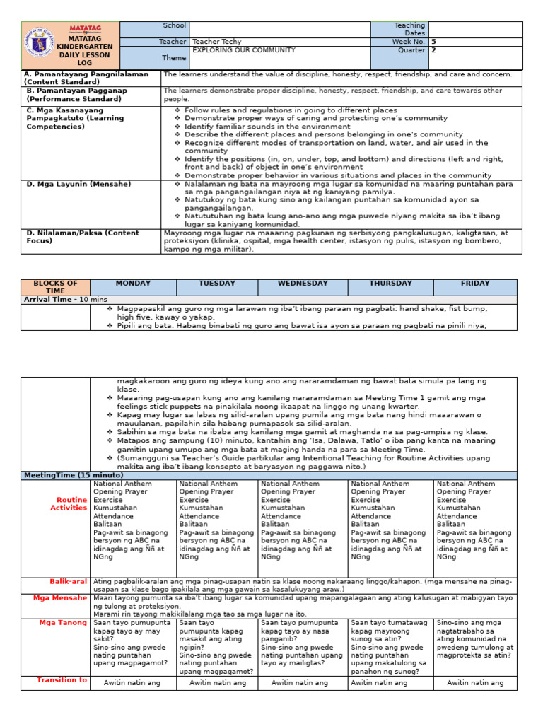 Kindergarten-DLL-Matatag-Q2 Week 5 | PDF