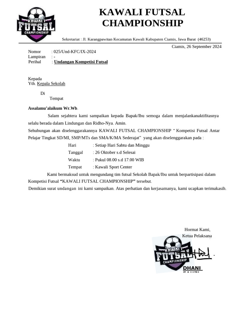 Surat Undangan & Formulir Kawali Futsal Championship | PDF